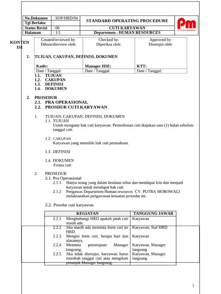 SOP Cuti Karyawan | PDF