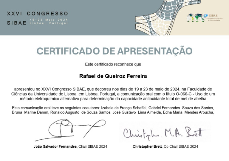 Certificado de Apresentação SIBAE - Comunicação Oral (Rafael) | PDF
