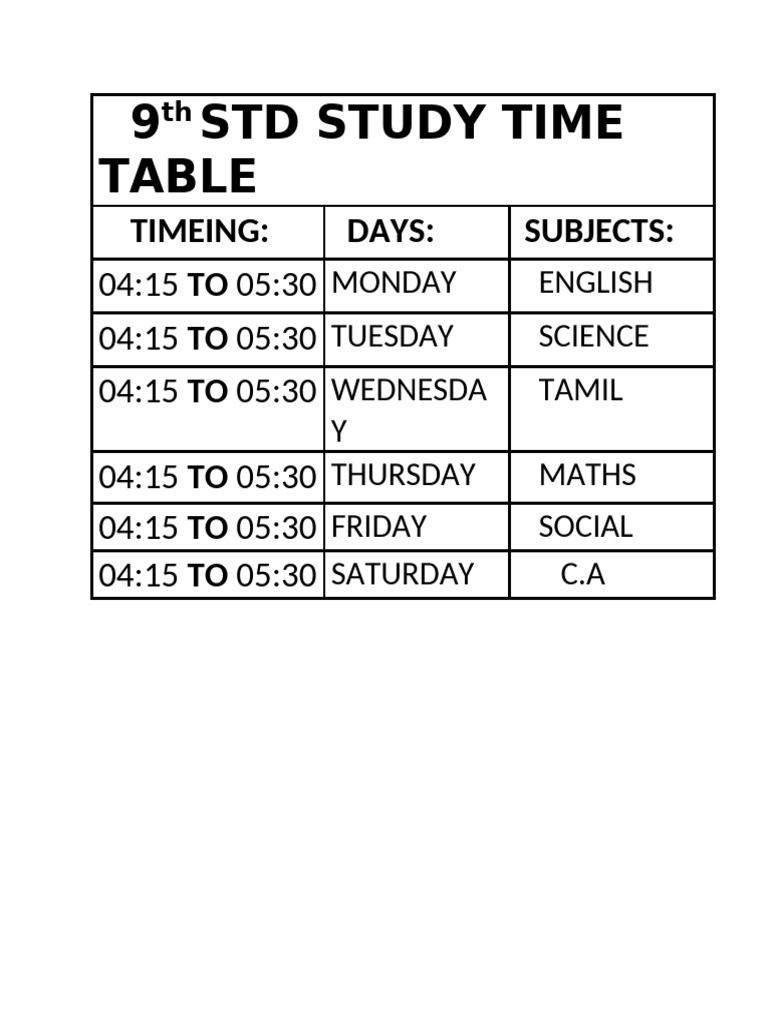 9th Grade Weekly Study Schedule | PDF