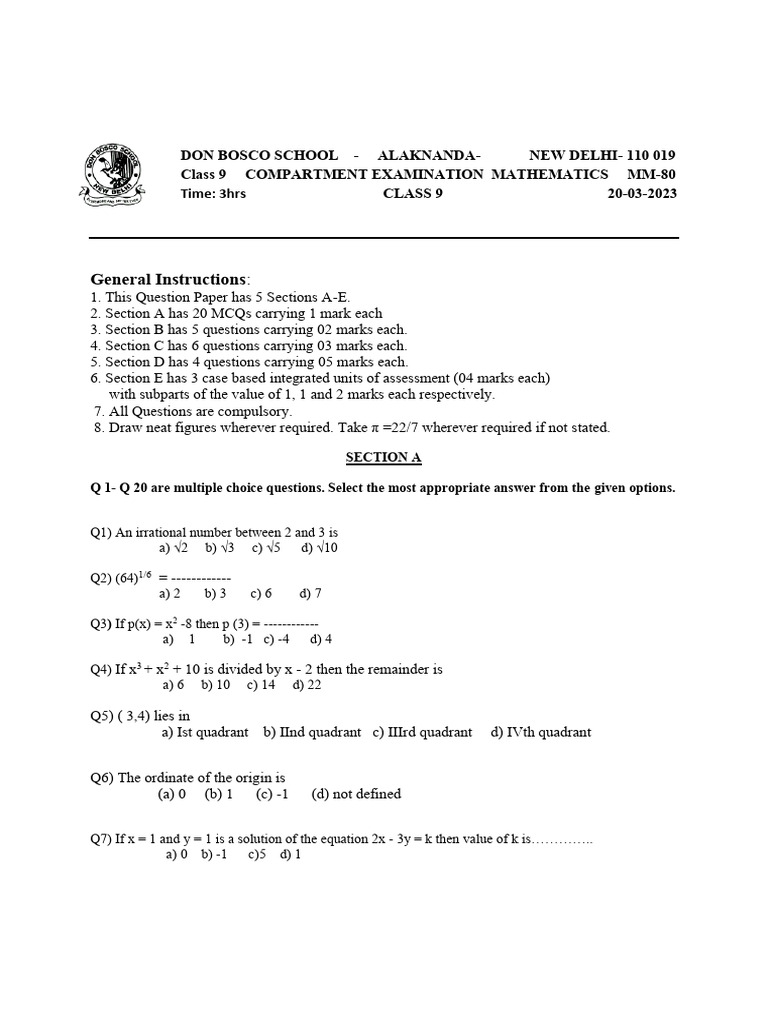 Class 9 Mathematics Compartment Exam | PDF | Fahrenheit | Elementary ...