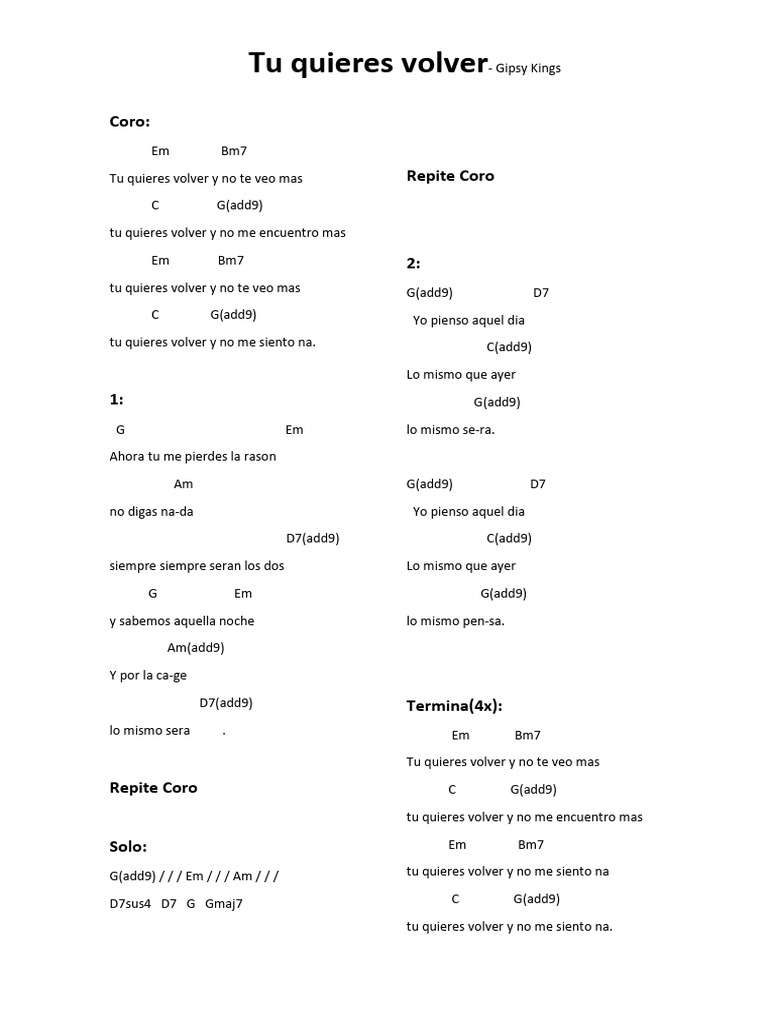Letra de "Tu quieres volver" - Gipsy Kings | PDF
