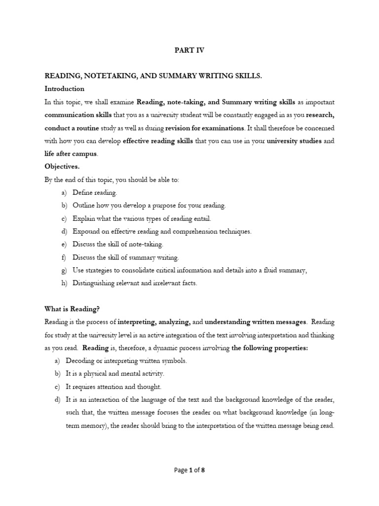 TOPIC 5. READING, NOTE TAKING SUMMARY WRITING SKILLS (1) | PDF ...