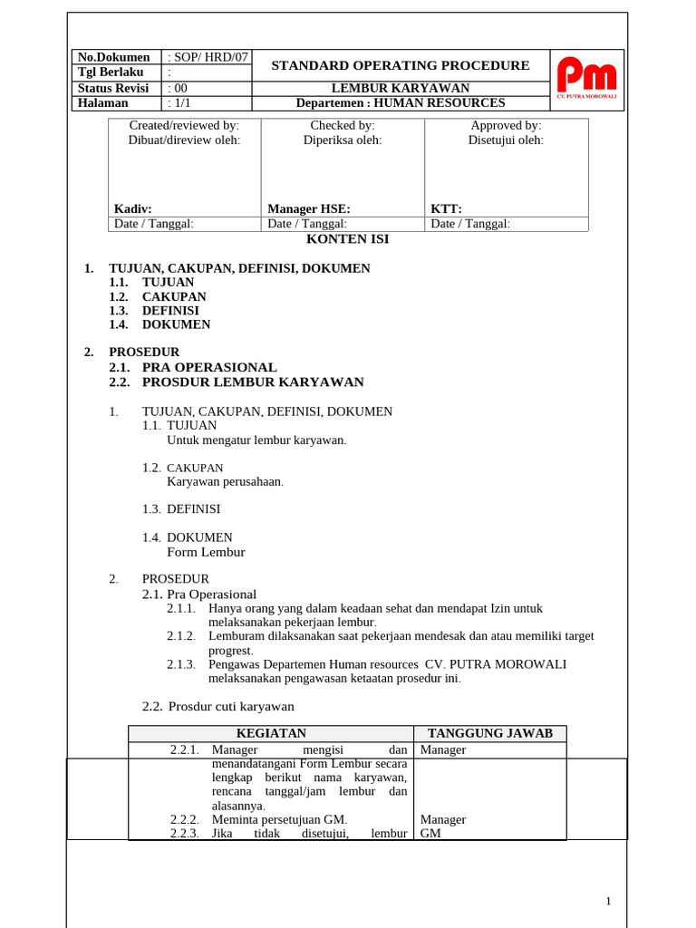 SOP Lembur Karyawan | PDF