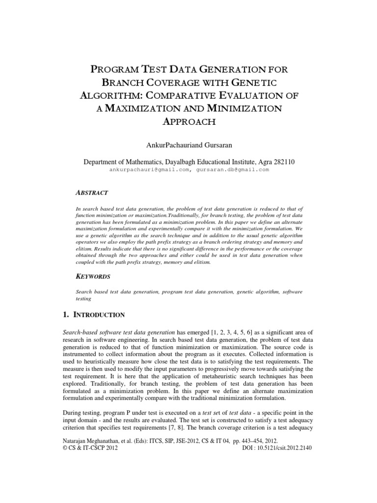 Program Test Data Generation For Branch Coverage With Genetic Algorithm Comparative Evaluation