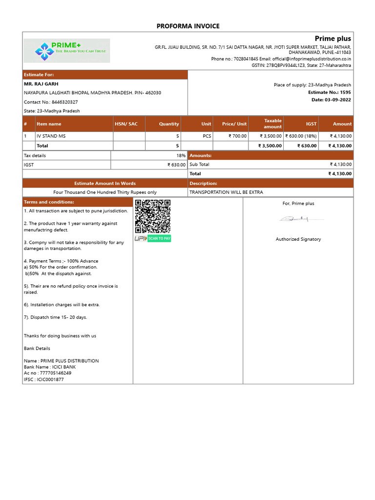 Proforma Invoice - 1595 - 03!09!22 Mr. Raj Garh | PDF | Taxation | Government Finances