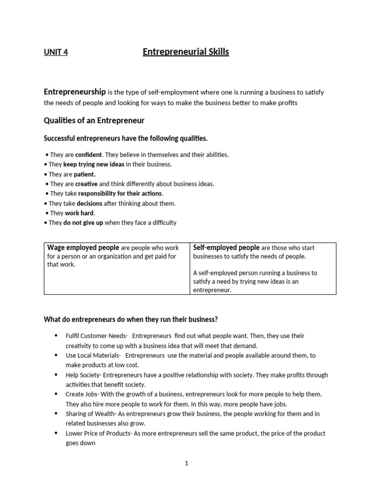 UNIT 4 - Entrepreneurial Skills-CLASS X | PDF | Entrepreneurship ...
