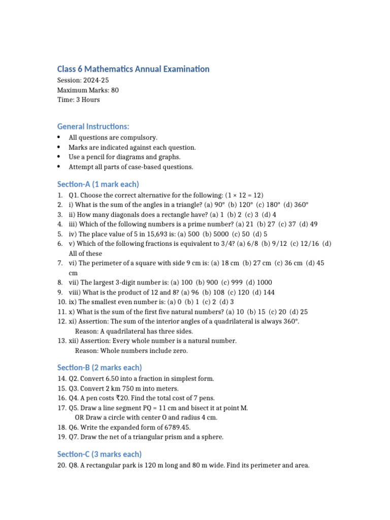 Class6 Math Exam Revised | PDF | Geometric Shapes | Elementary Mathematics