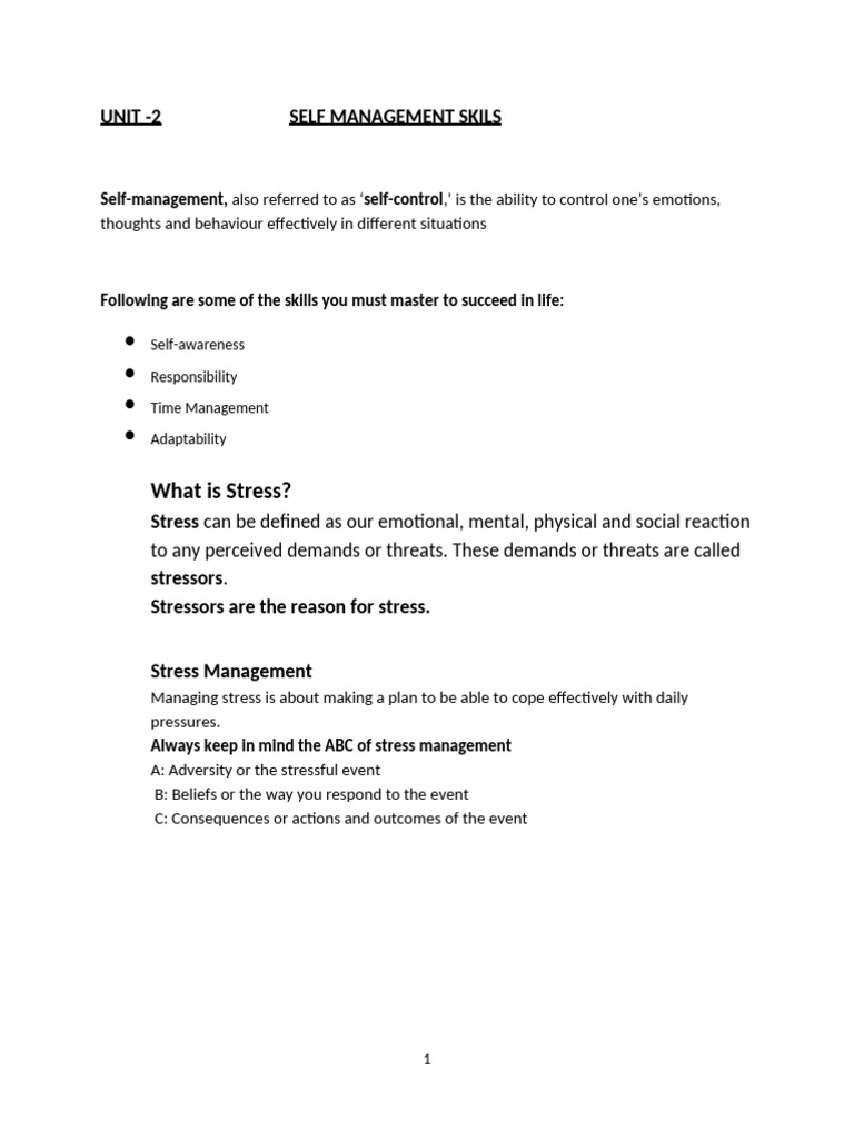 Unit 2-Self Management Skills - Class X | PDF | Stress (Biology) | Stress Management