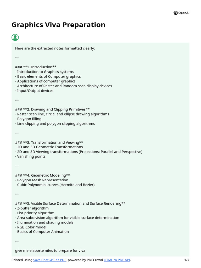 Graphics Viva Preparation | PDF | Computer Graphics | Rendering (Computer Graphics)