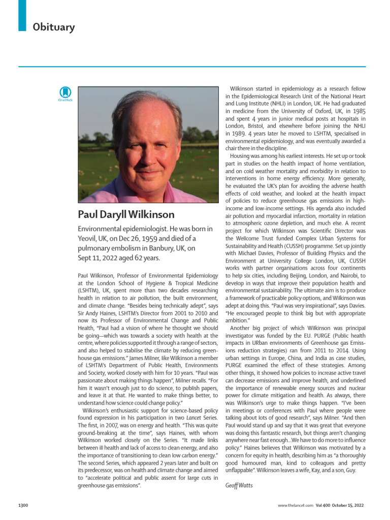 Paul Wilkinson: Environmental Epidemiologist Obituary | PDF | Climate ...