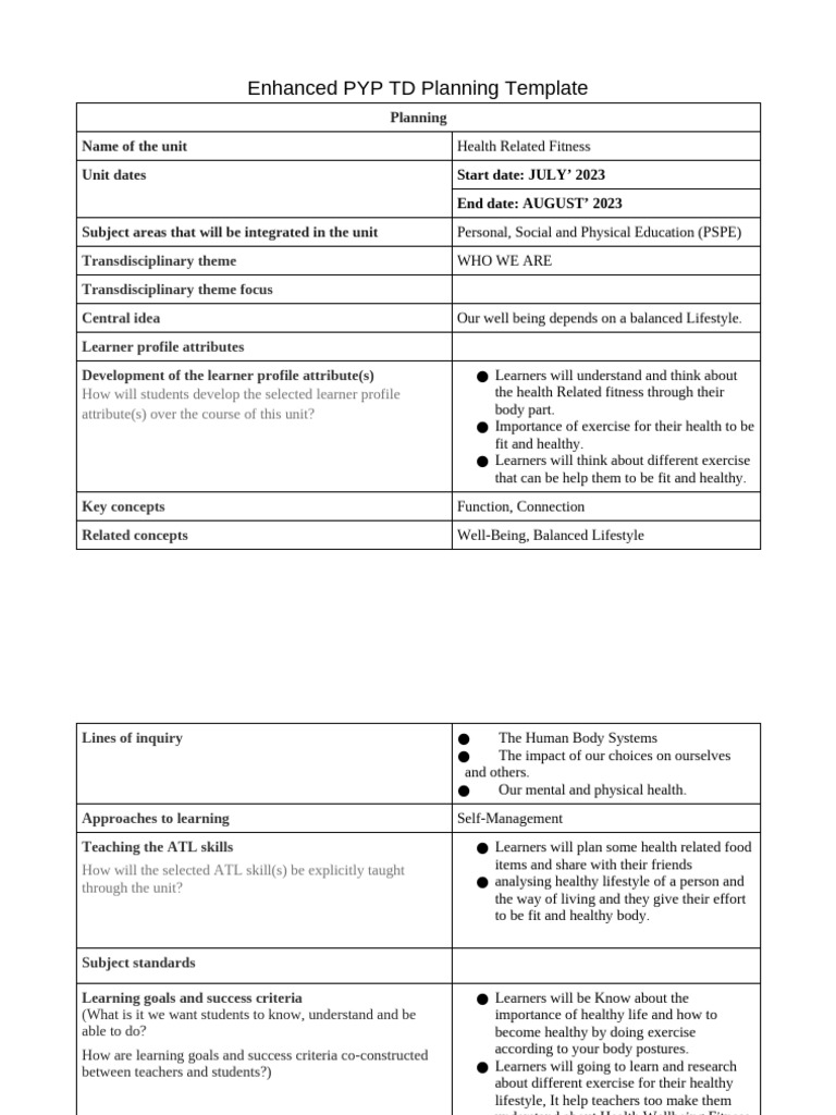 PYP - TD Unit Planner PSPE_Updated | PDF | Learning | Educational ... PYP - TD Unit Planner PSPE_Updated | PDF | Learning | Educational ...