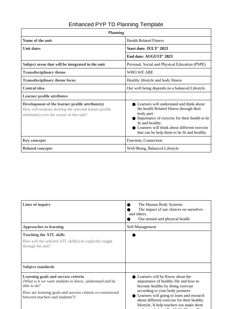 PYP - TD Unit Planner PSPE (2) | PDF | Learning | Educational Assessment