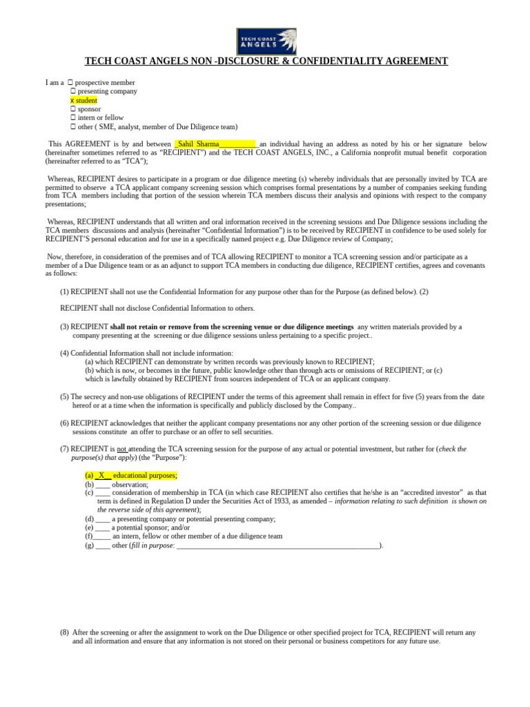 Sahil_Shamra_TCA NDA Form | PDF | Income | Debt