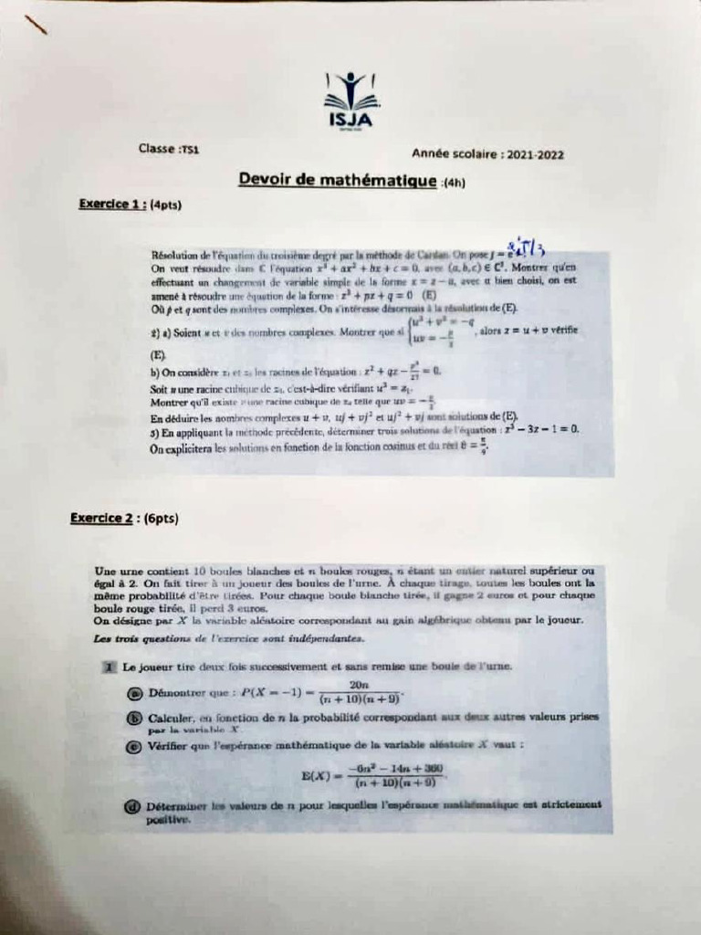 Devoir Ts1 ISJA | PDF