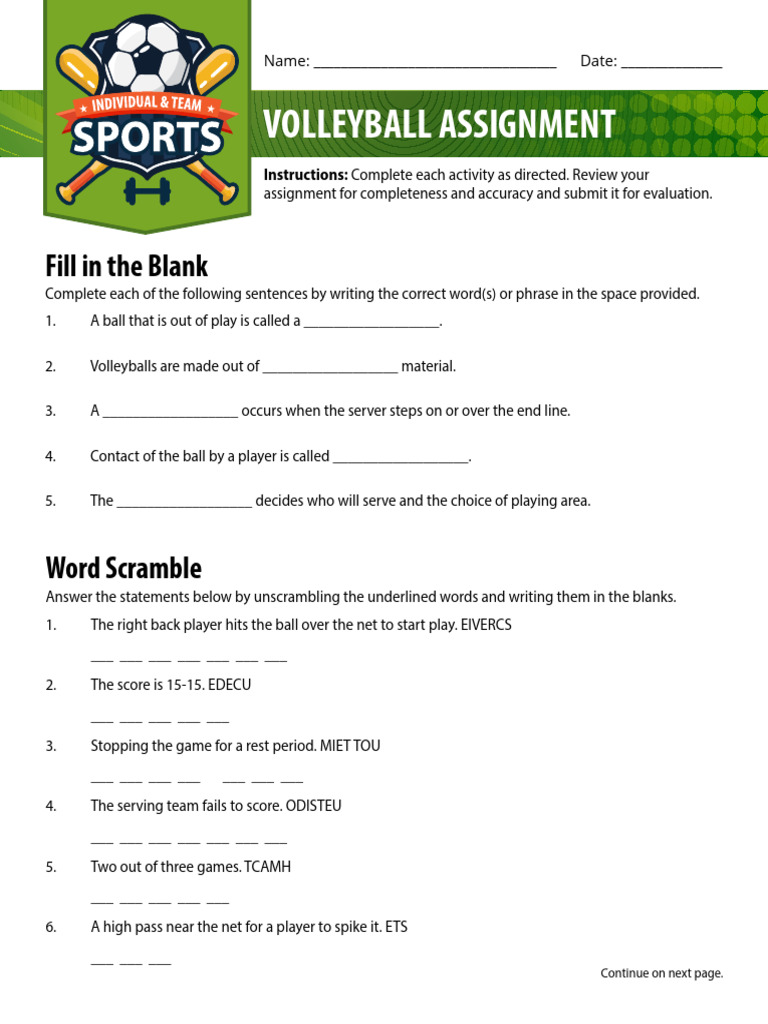 Volleyball Assignment Worksheet | PDF | Volleyball | Sports