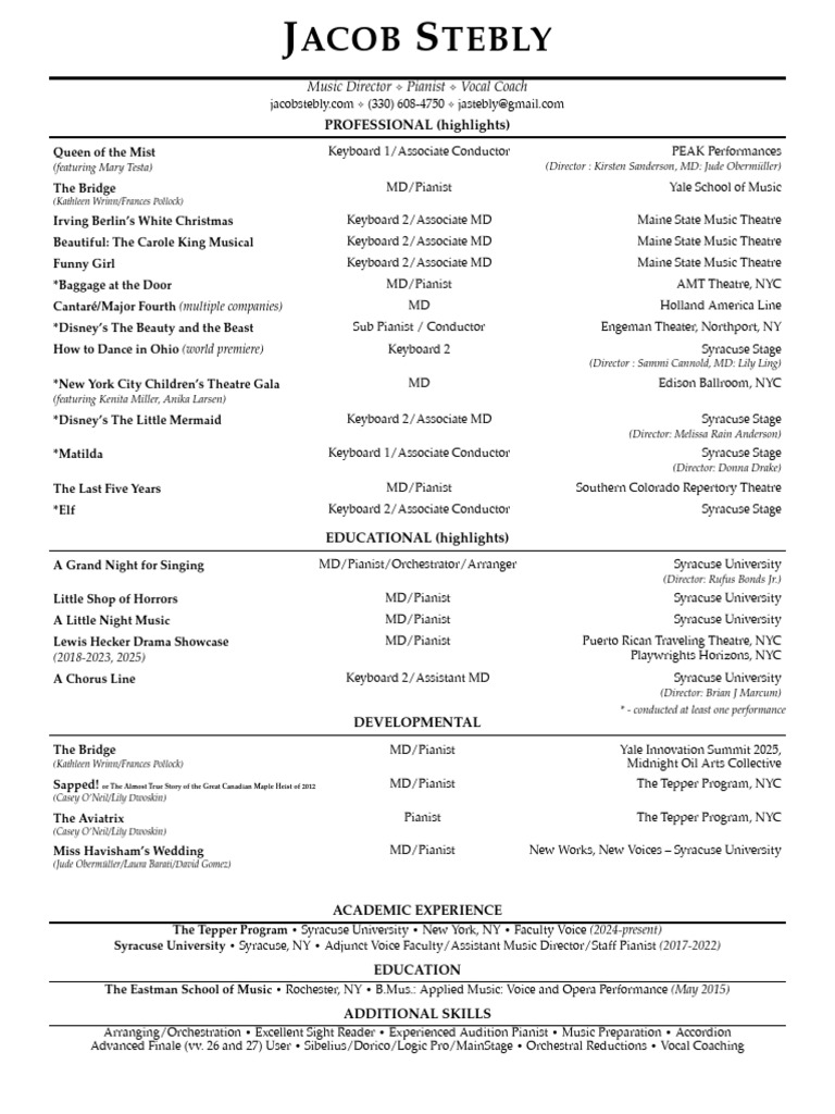 Jacob Stebly - Resume - January 2025 | PDF | Performing Arts