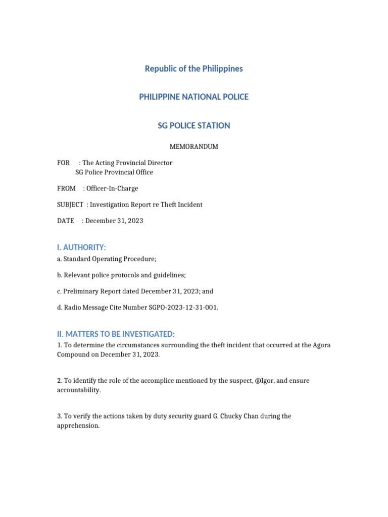 Theft Incident Investigation Report | PDF