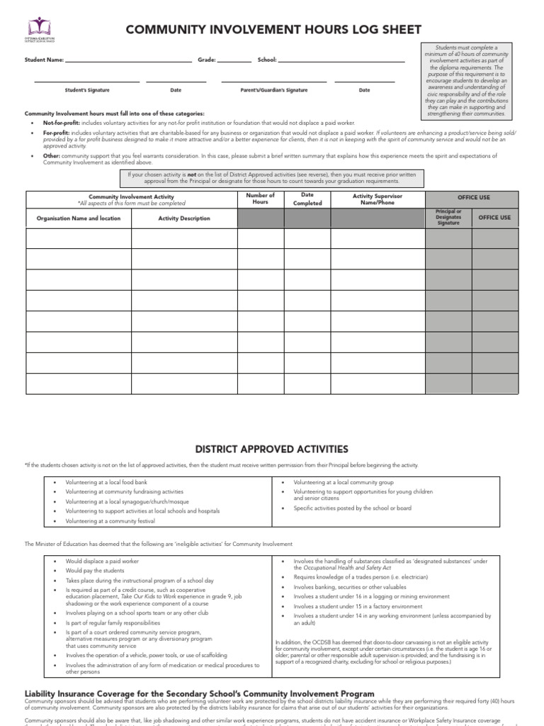 Community Involvement Hours Log | PDF | Insurance | Volunteering