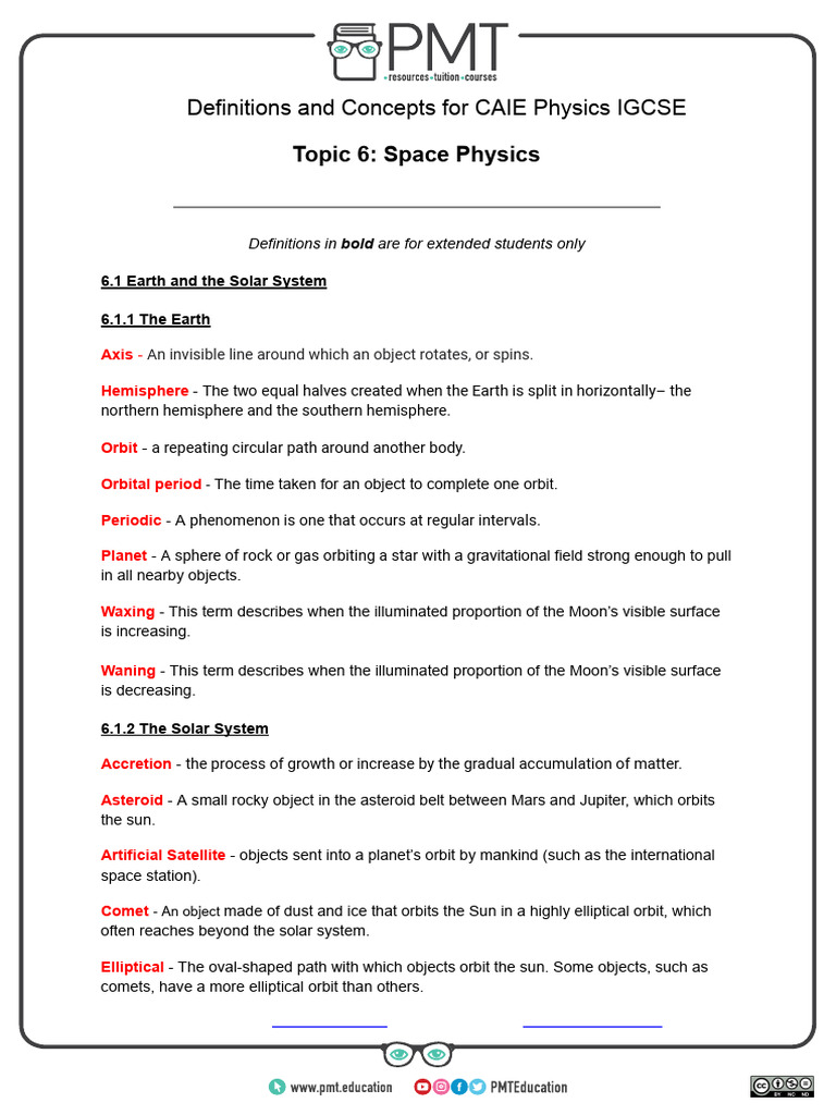 Definitions - Topic 6 Space Physics - CAIE Physics IGCSE | PDF | Stars ...