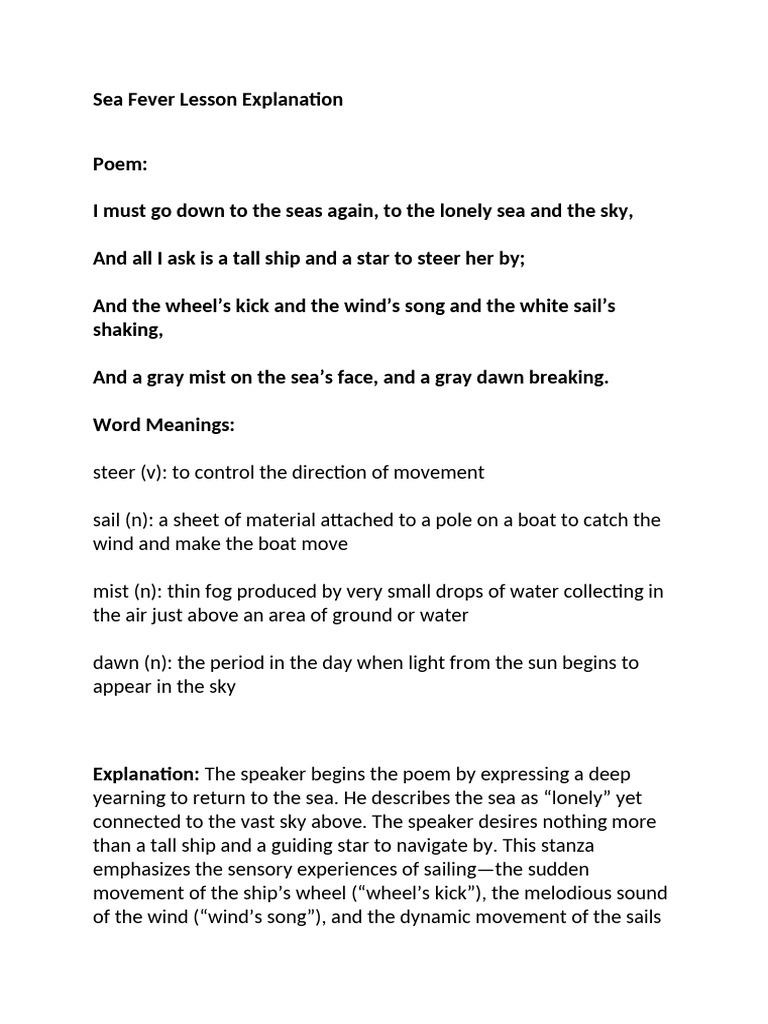 Sea Fever Lesson Explanation | PDF | Sea | Wound