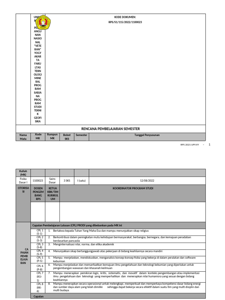 RPS 2022 - Fisika Dasar I-CPL | PDF