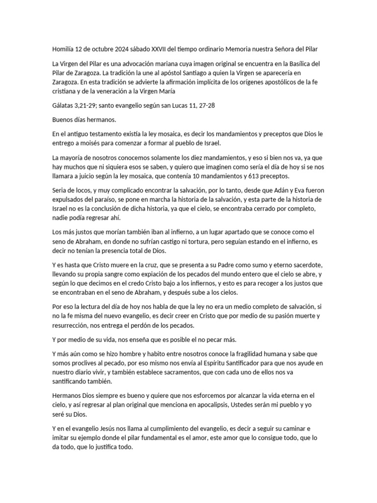 Homilía 12 de Octubre 2024 Sábado XXVII Del Tiempo Ordinario Memoria Nuestra Señora Del Pilar ...