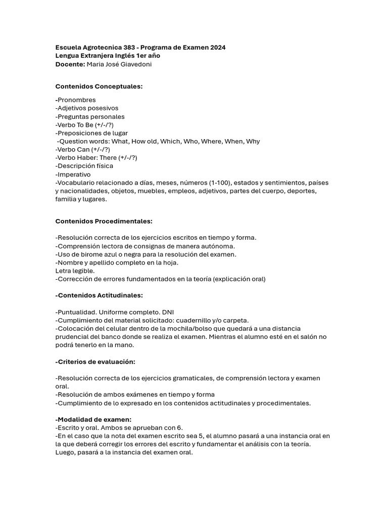 Programa de Examen 1ero | PDF