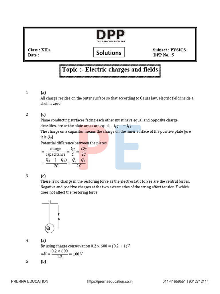 Electric Charges and Fields DPP 5 SOLUTION | PDF | Capacitor | Capacitance