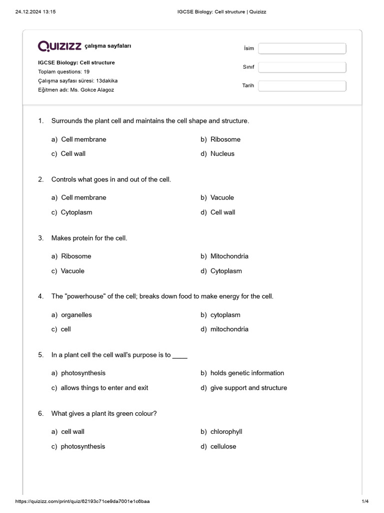 IGCSE Biology: Cell Structure Quiz | PDF | Cell (Biology) | Cytoplasm