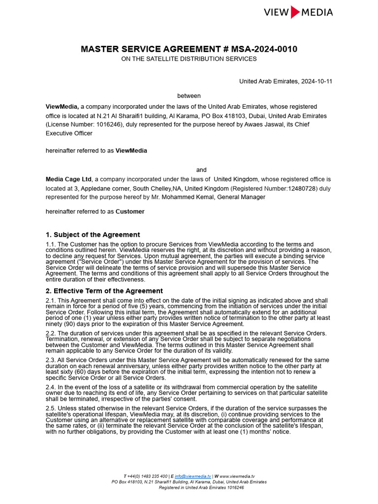 Viewmedia MSA-2024-0010-Media Cage LTD 11 - 10 - 2024 | PDF | Indemnity ...