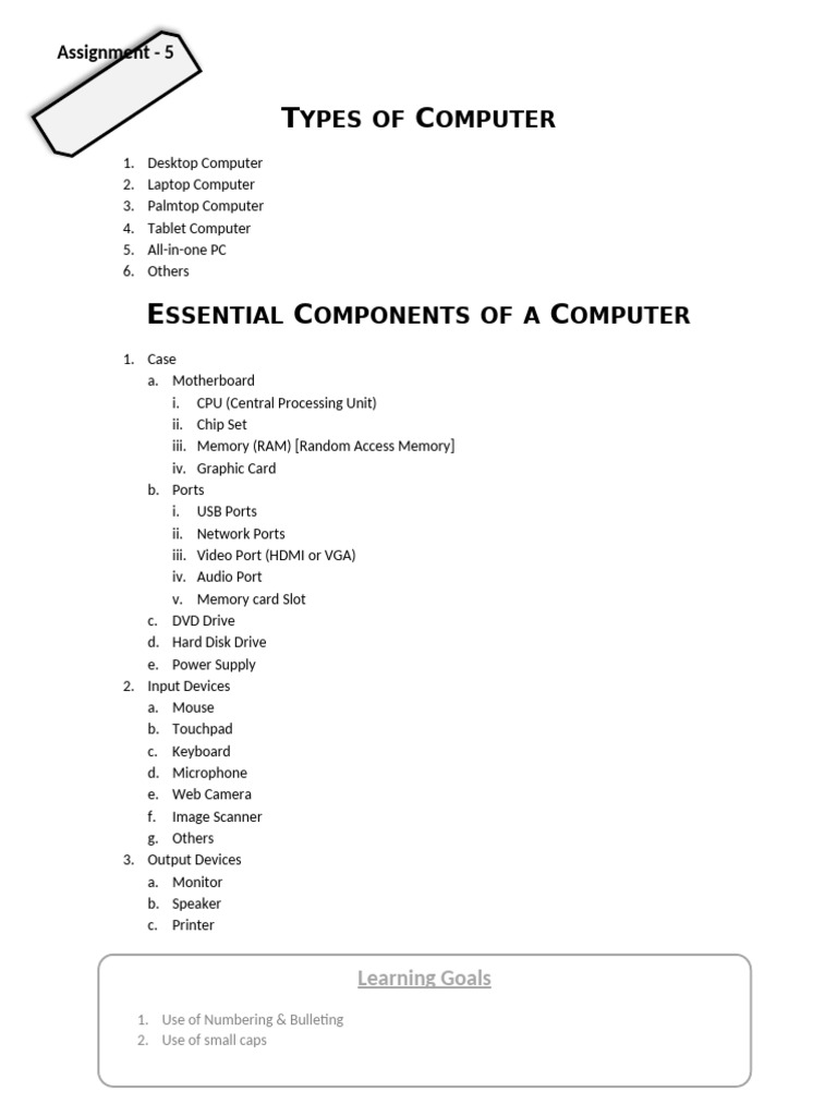 Assignment 5 - Types _ Components of Computer | PDF Assignment 5 - Types _ Components of Computer | PDF