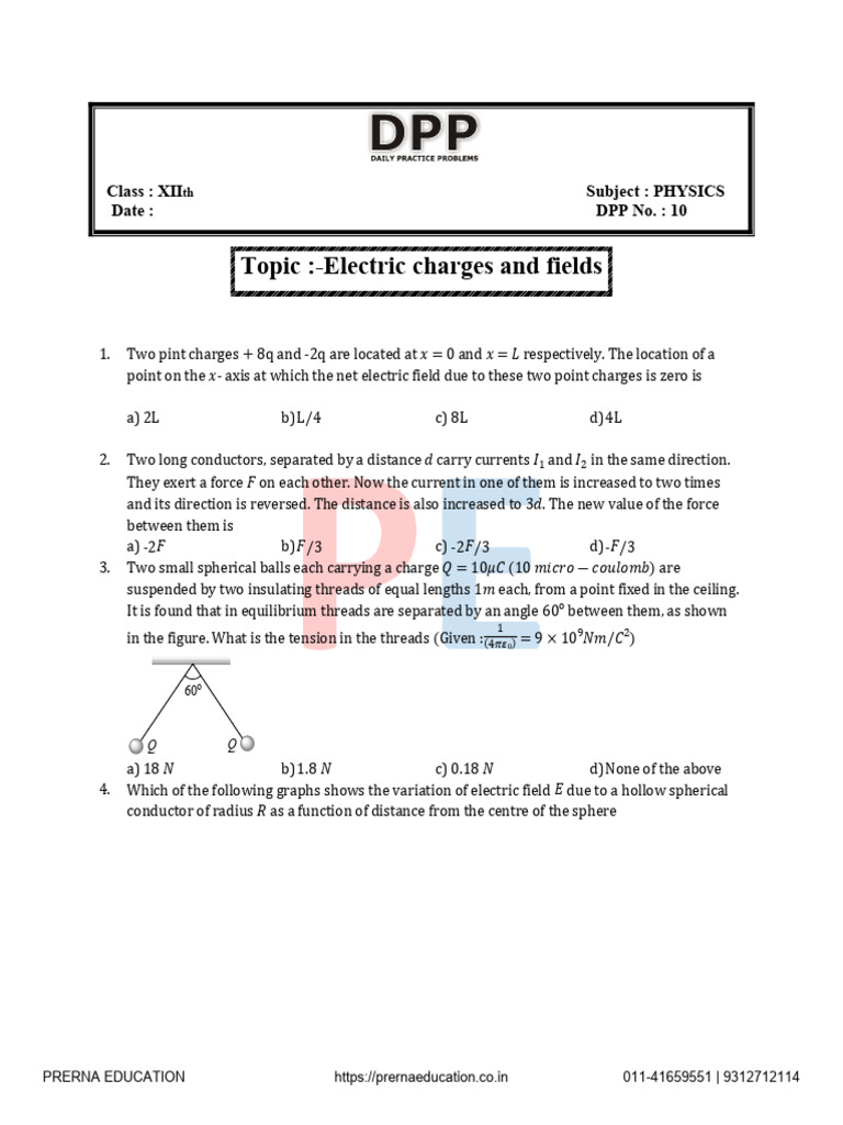 Physics DPP: Electric Charges & Fields | PDF | Capacitor | Physical Sciences