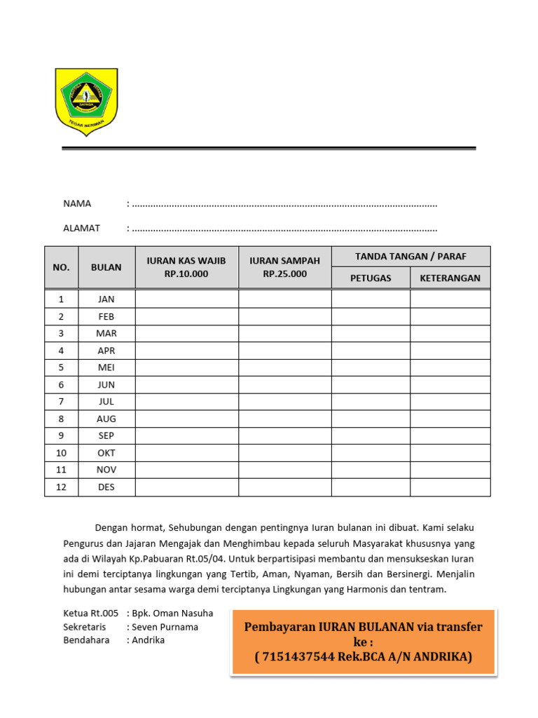 Form Iuran RT 05 2025 | PDF
