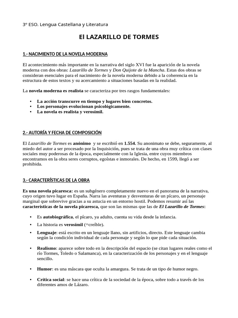 El Lazarillo de Tormes: Novela Picaresca | PDF | Novelas