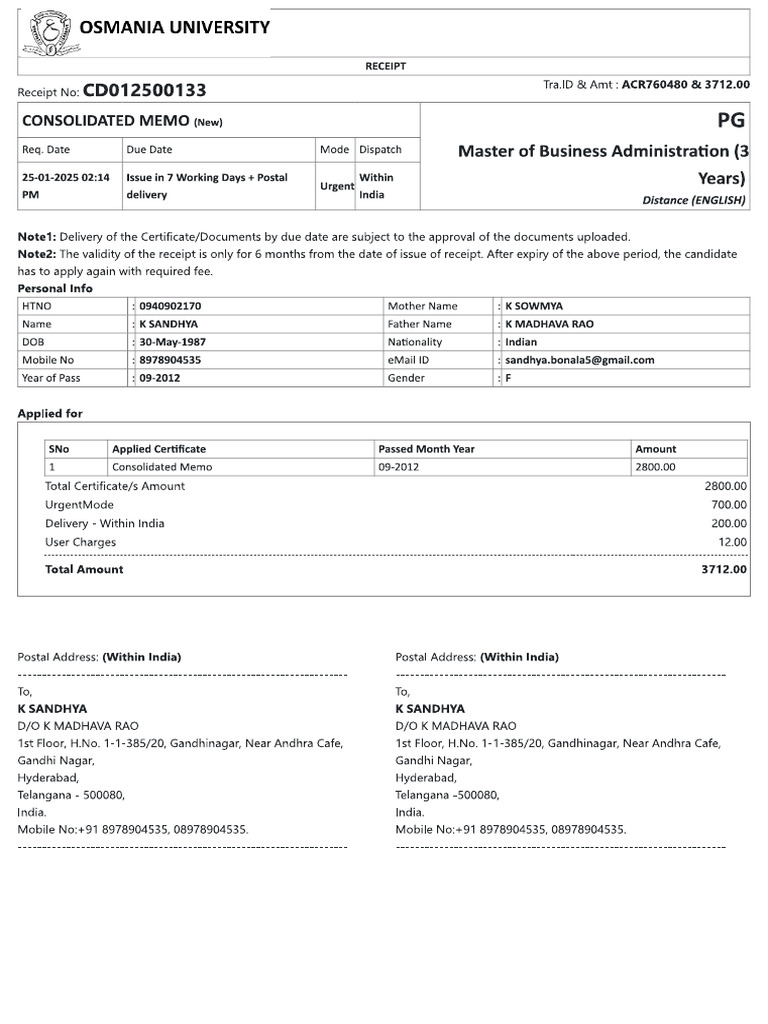 Payment Receipt - MBA Consoldidated | PDF
