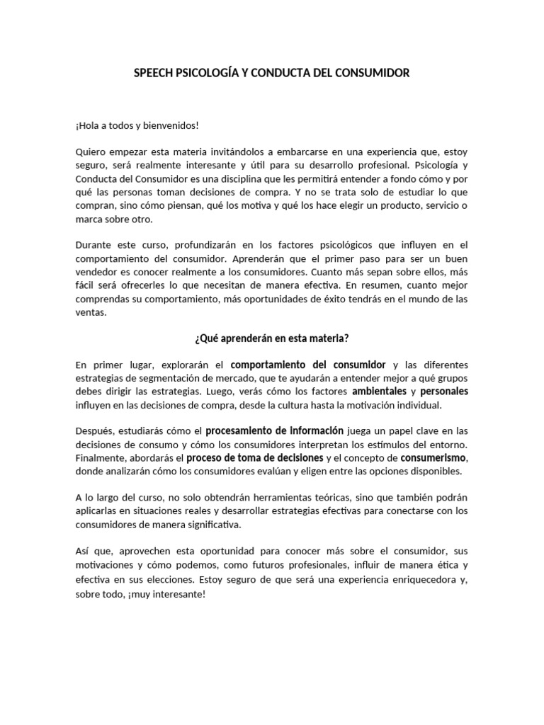Speech Psicología y Conducta Del Consumidor | PDF