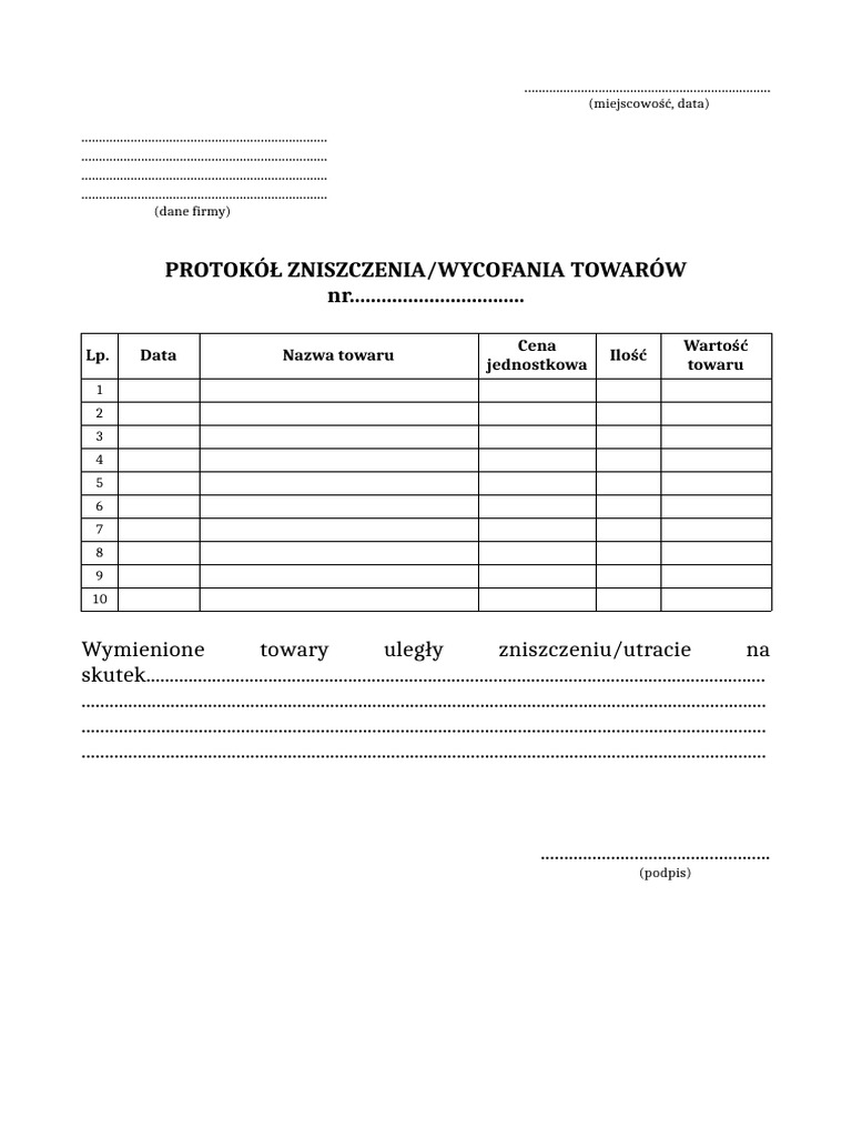 Protokol Zniszczenia Towaru | PDF