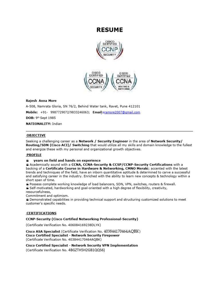 Network Security Engineer Profile | PDF | Cisco Certifications ...