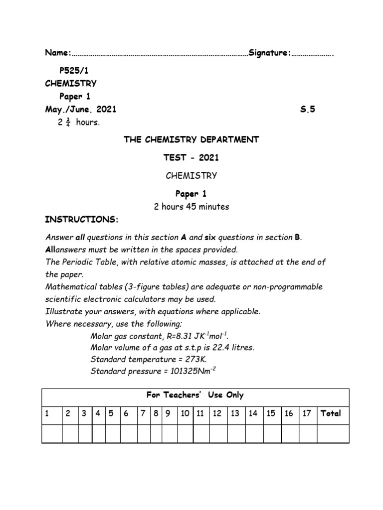 S5 TEST TWO PAPER ONE (1) | PDF | Chemical Substances | Chemistry