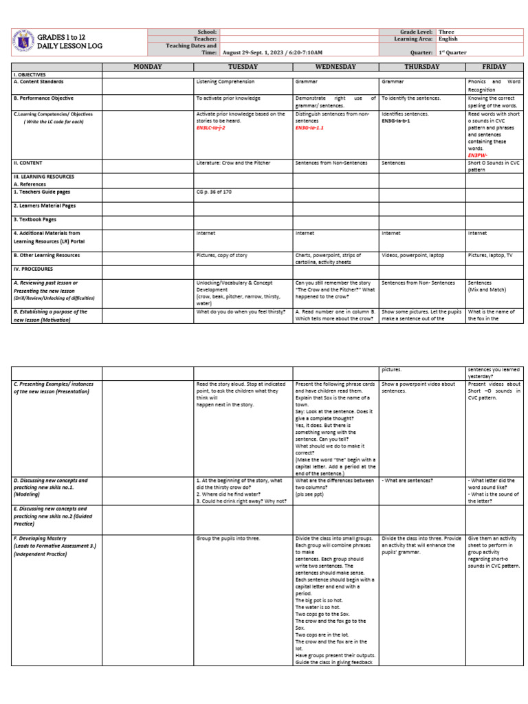 ENGLISH_Q1-Wk1 | PDF | Phonics | Learning