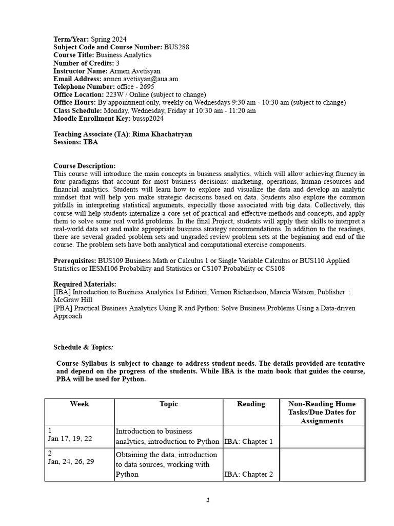 Business Analytics Course Syllabus 2024 | PDF | Analytics | Data
