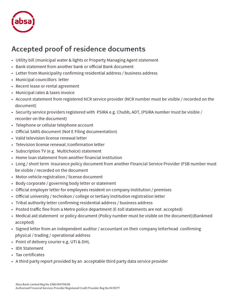 Accepted Residence Proof Document List | PDF