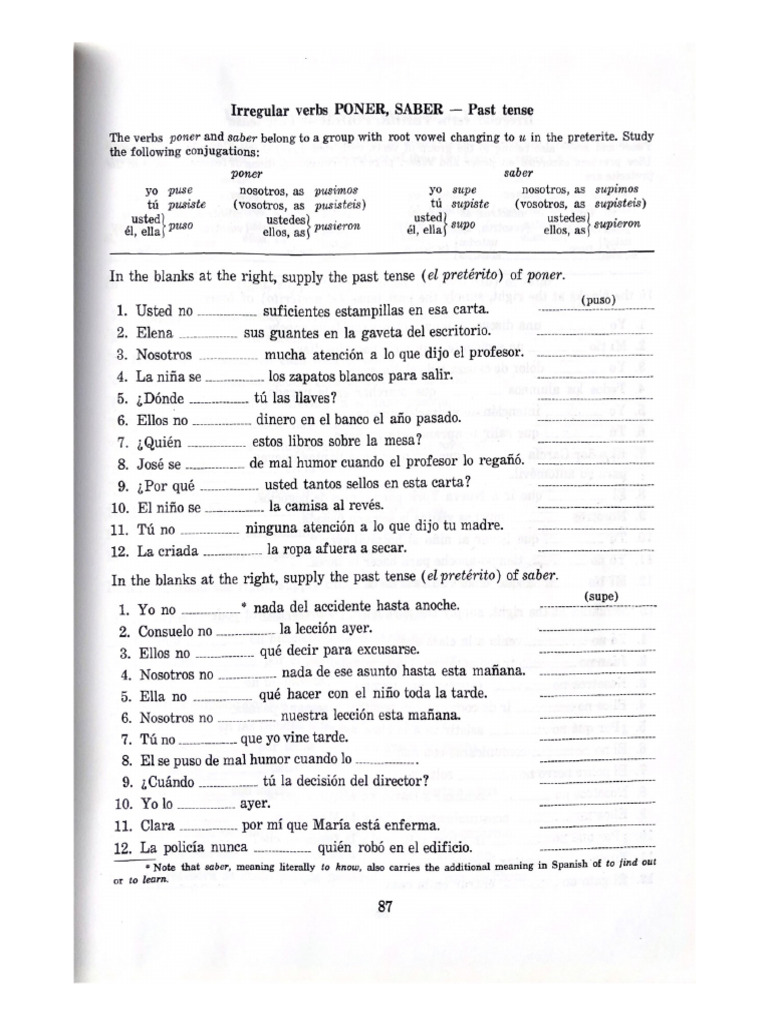 PONER, SABER - Past Tense Pag 87 | PDF