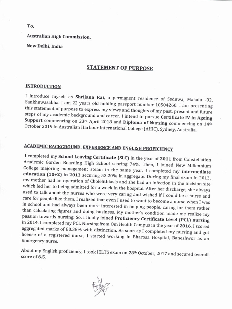 Statement of Purpose For Nursing Sample 1 | PDF