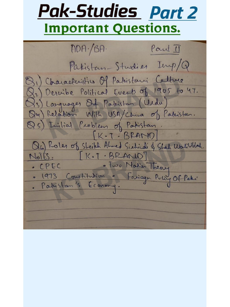 Pak-Studies Part 2 Imp. Q.S KT Brand | PDF