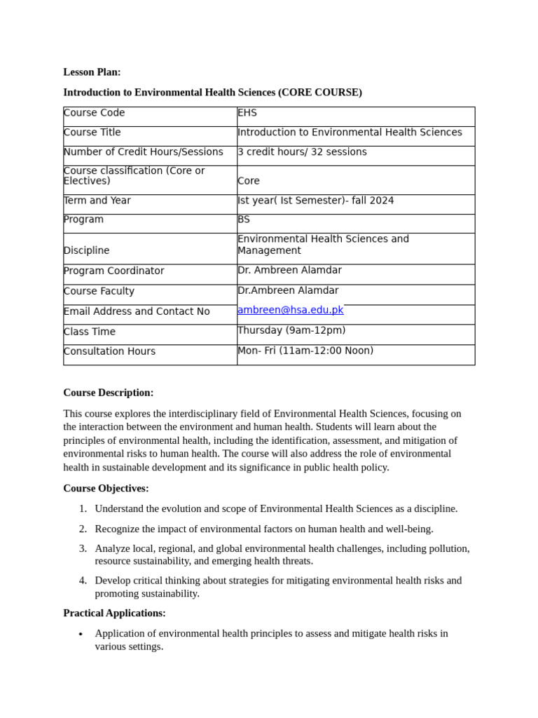 Lesson Plan BS EHS&M | PDF | Environmental Health | Sustainability