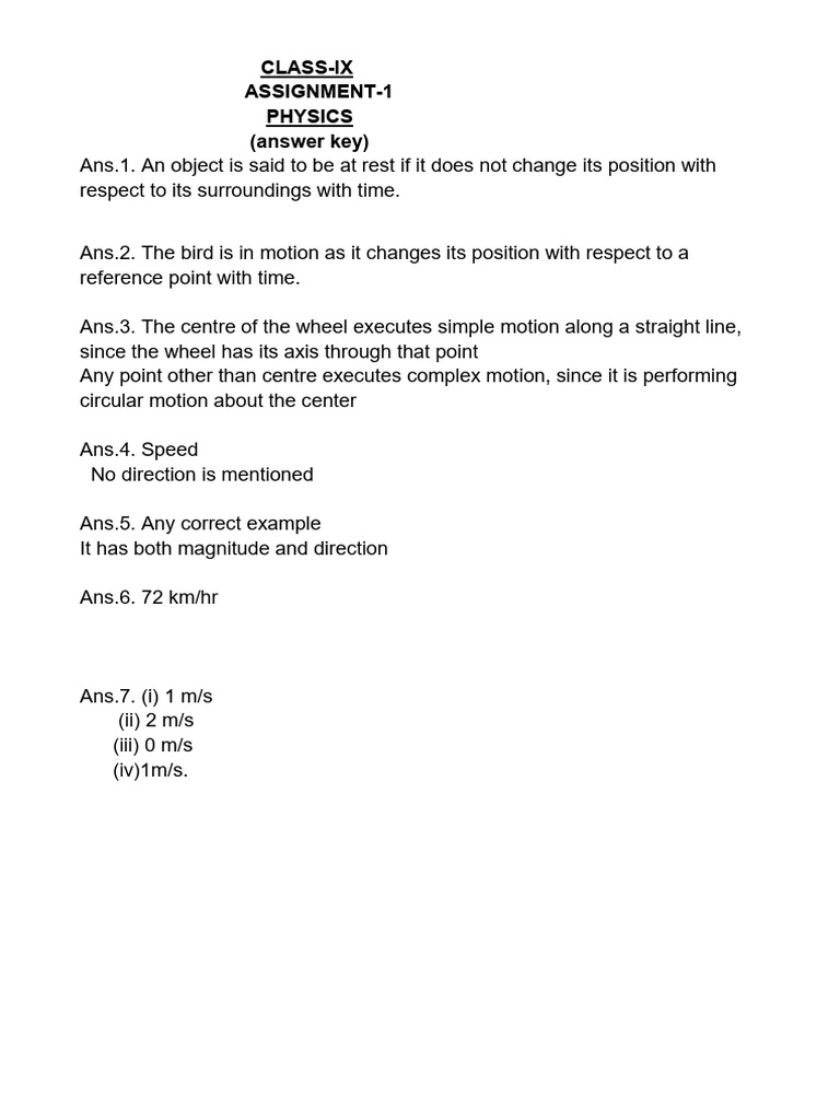 Class IX Physics Assignment 1 Answers | PDF
