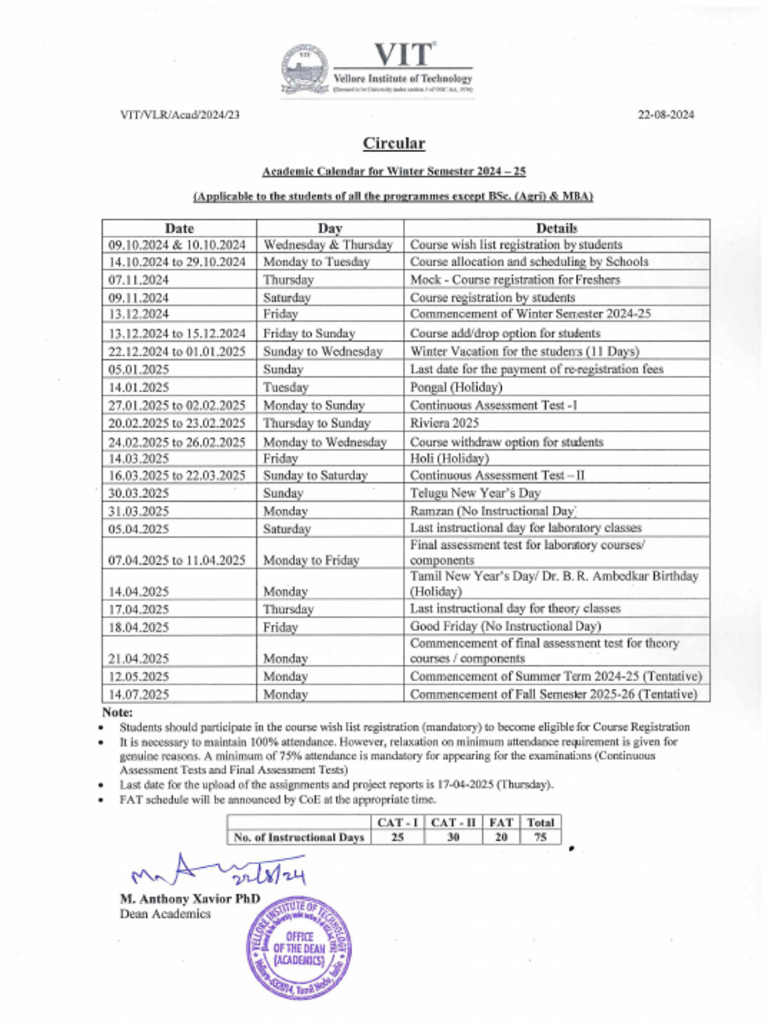 Academic Calendar for Winter Semester 2024 - 25_240822_131533 | PDF