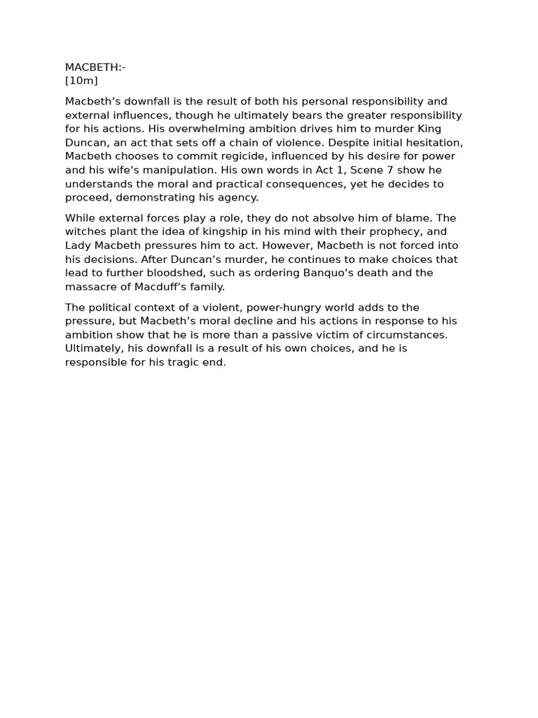 Macbeth's Downfall: Personal Responsibility and External Influences | PDF