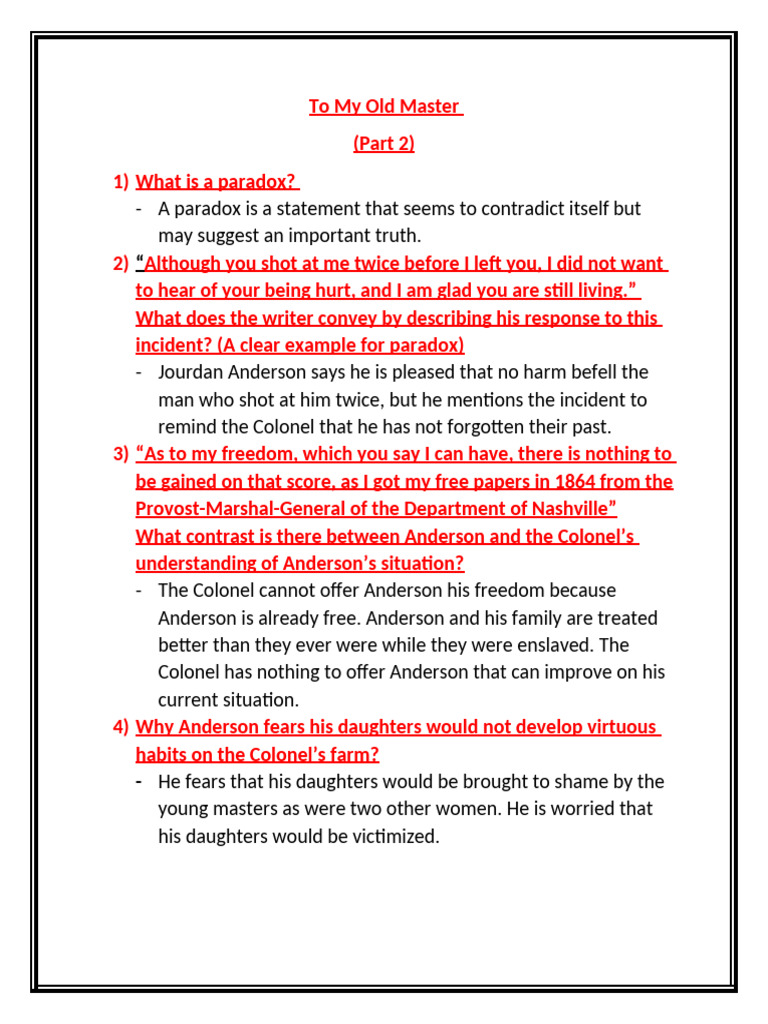 Paradoxes in Jourdan Anderson's Letter | PDF